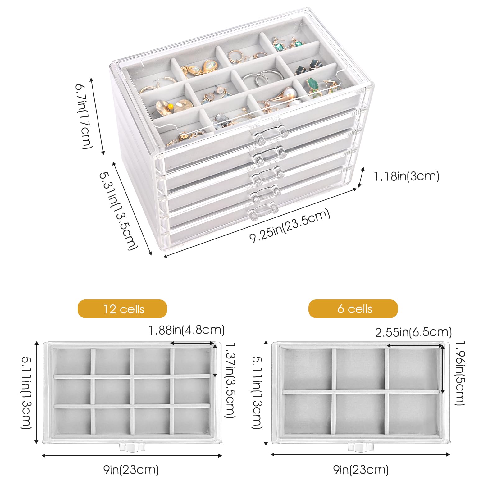 ProCase Earring Holder Organizer Jewelry Box with 5 Drawers, Acrylic Clear Earring Case with Adjustable Velvet Trays for Women - Grey, 5 Layers