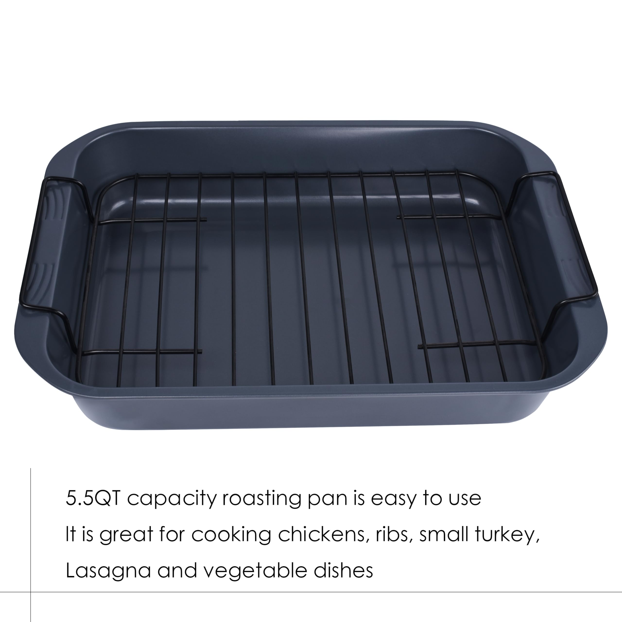 MEIHORSY Roasting Pans with Rack, 15x10.5x2.5 Inch Turkey Roaster for Small Turkey, Chicken, Meats & Veggies, Lasagna(Gray)