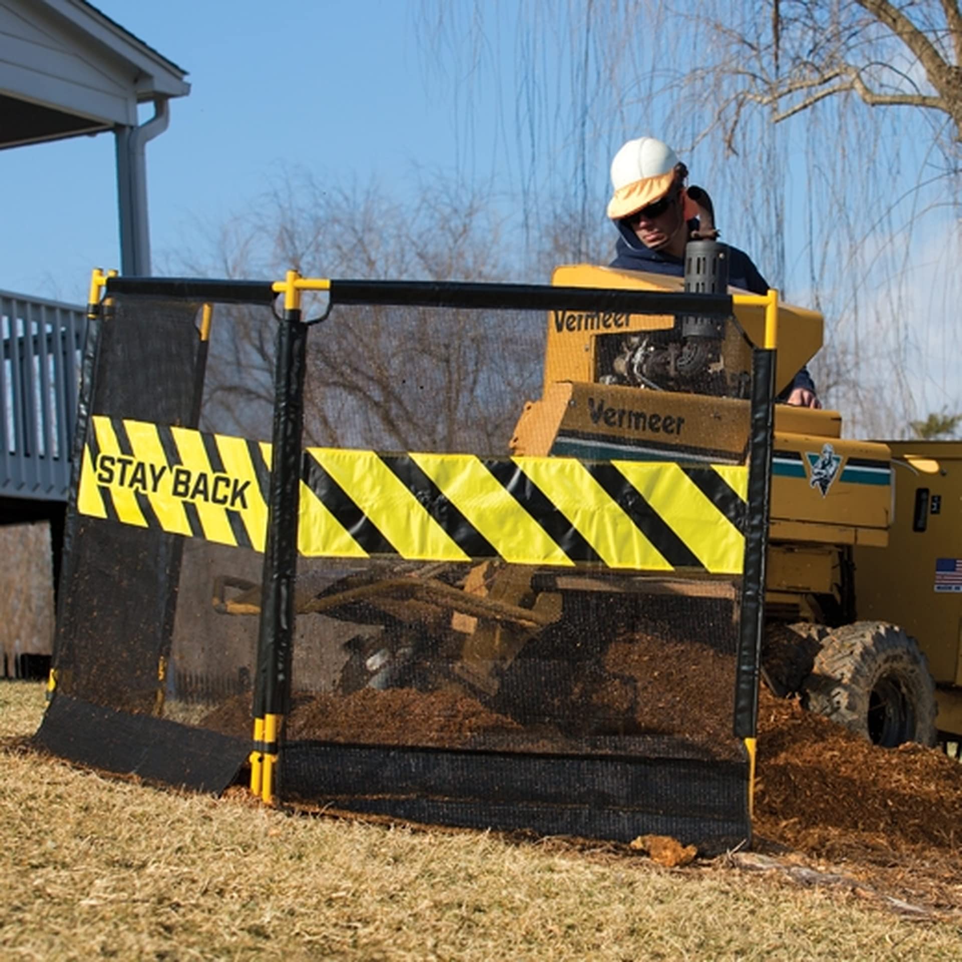 Notch Tri-Guard Heavy-Duty Nylon Coated Durable 3-Section Debris Containment Mesh Barrier for Controlling Chips When Grinding Stumps and Chipping Brush (Total Dimensions: 121β Wide x 45.5β high)