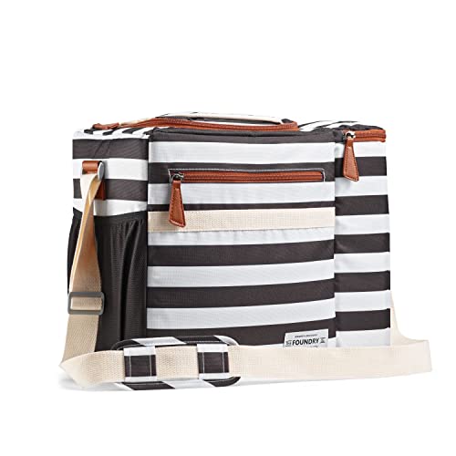 Foundry by Fit + Fresh, Brooks Dual-Compartment Insulated Cooler Bag with Wine Cooler Compartment, Food & Beverage Beach Bag, Picnic Basket, Perfect For Tailgating & Camping Accessories, Black & White