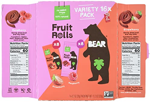 BEAR Real Fruit Rolls - Variety Pack - 16 Count (2 Rolls Per Pack)
