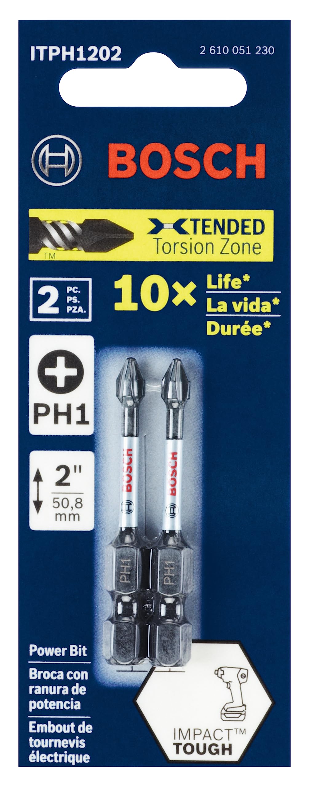 BOSCH ITPH1202 2-Pack 2 In. Phillips #1 Impact Tough Screwdriving Power Bits