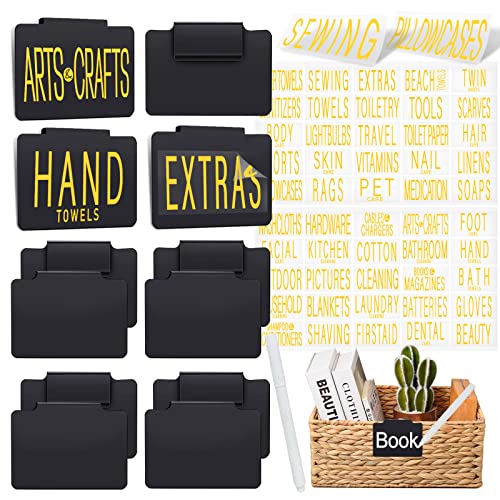 FOVERN1 63 Pieces Basket Labels Clip Set, Include 12 Pieces Removable Bin Clips Labels with 50 Pieces PVC Tag Stickers, 1 Pieces Chalk Marker, for Storage Bin Basket Box Hanging Bin Clip Label