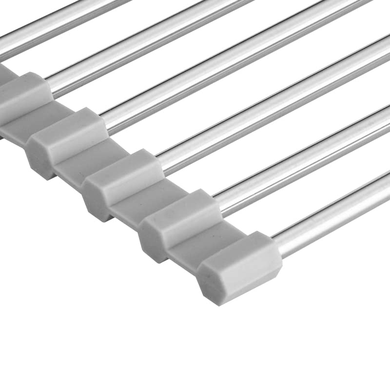 C CRYSTAL LEMON Food-Grade Silicone Drying Rack for Kitchen Sink Roll Up Dish Drying Rack Over The Sink Drying Rack 14.17 x 14.56 inch Silver Foldable Stainless Steel Wire Dishes Drying Rack