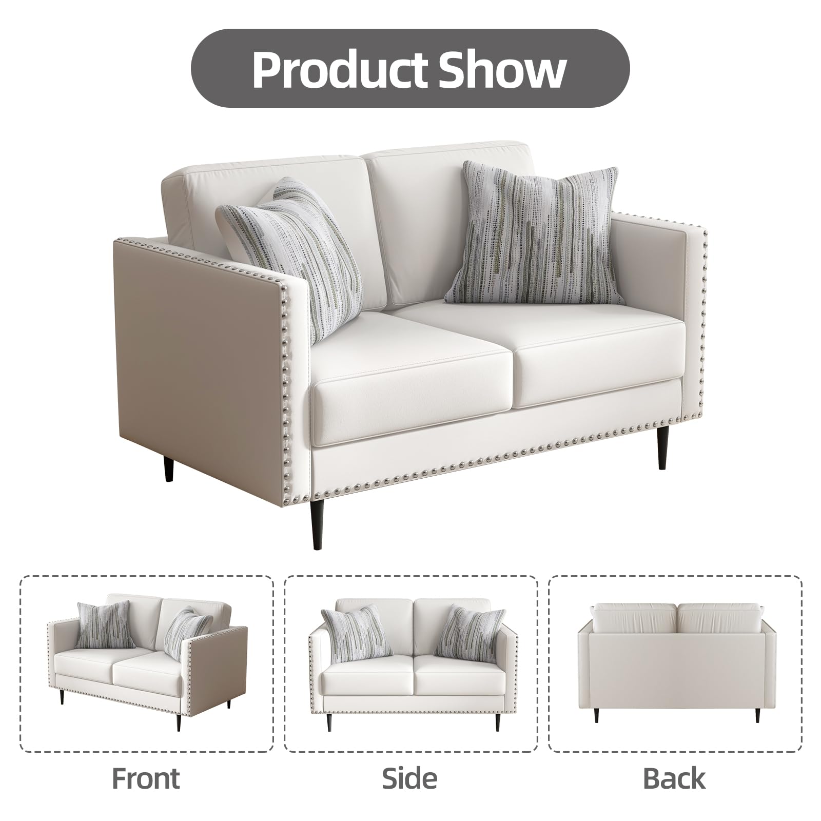EBELLO Modern Loveseat Sofa Living Room, Upholstered 2-seat Leather Sofa Couch, Rivet Design, Wood Frame and Sturdy Legs Small Sofa for Small Space, Bedroom Office, White