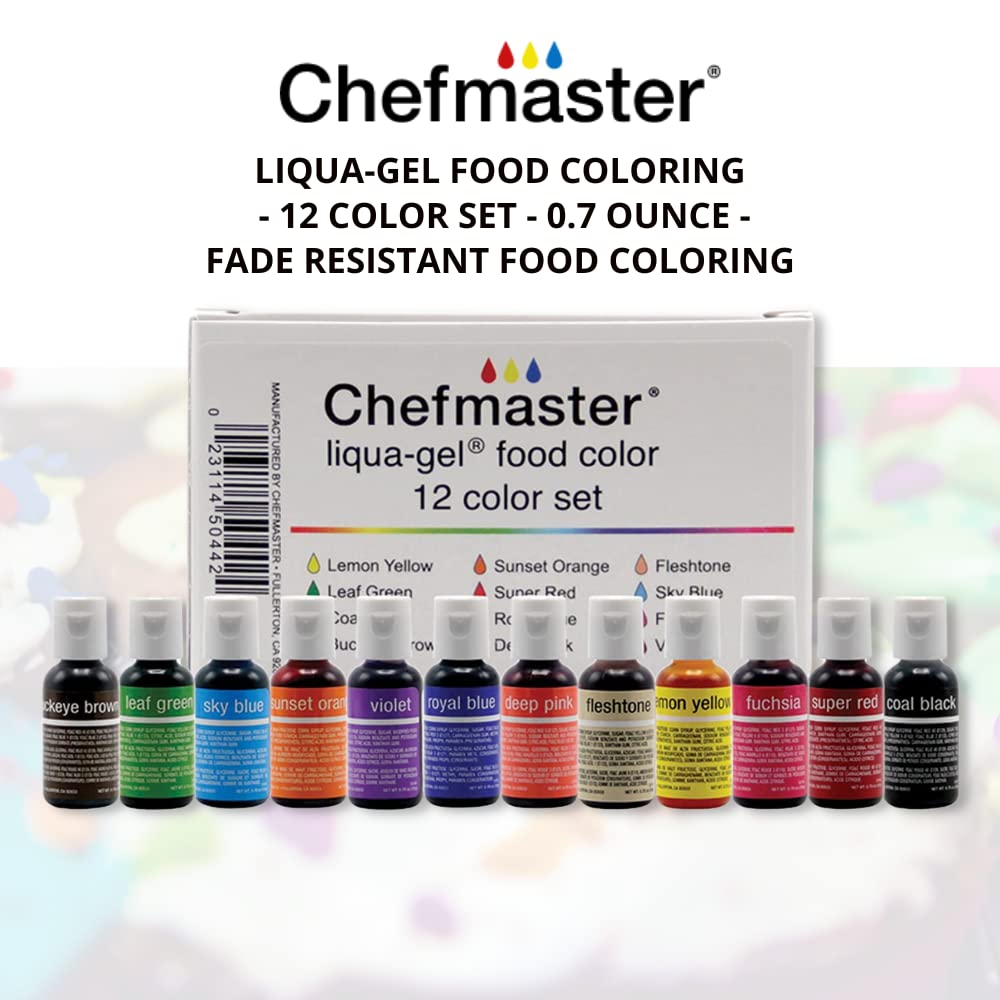Chefmaster - Liqua-Gel Food Coloring - Fade Resistant Food Coloring - 12 Pack - Vibrant, Eye-Catching Colors, Easy-To-Blend Formula, Fade-Resistant