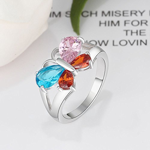 Ashleymade Personalized Engraved Name Rings for Mothers Day Rings with 4 Simulated Birthstones Promise Butterfly Ring for Women (Silver, 7)