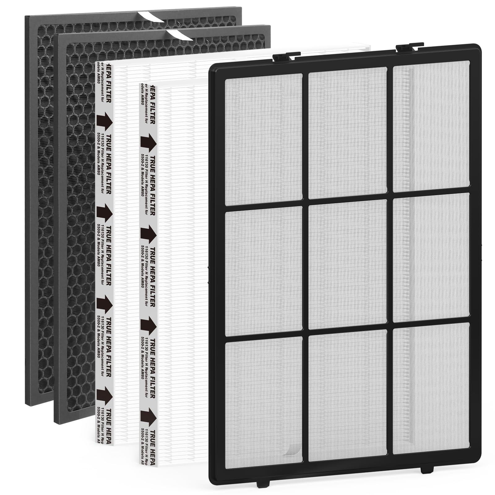 Breabetter 2 Pack 116130 Replacement Filter H Compatible with Winix 5500-2 Air Cleaner Purifier, with 1 Washable Fine Mesh Pre-Filter and 2 Activated Carbon Filters