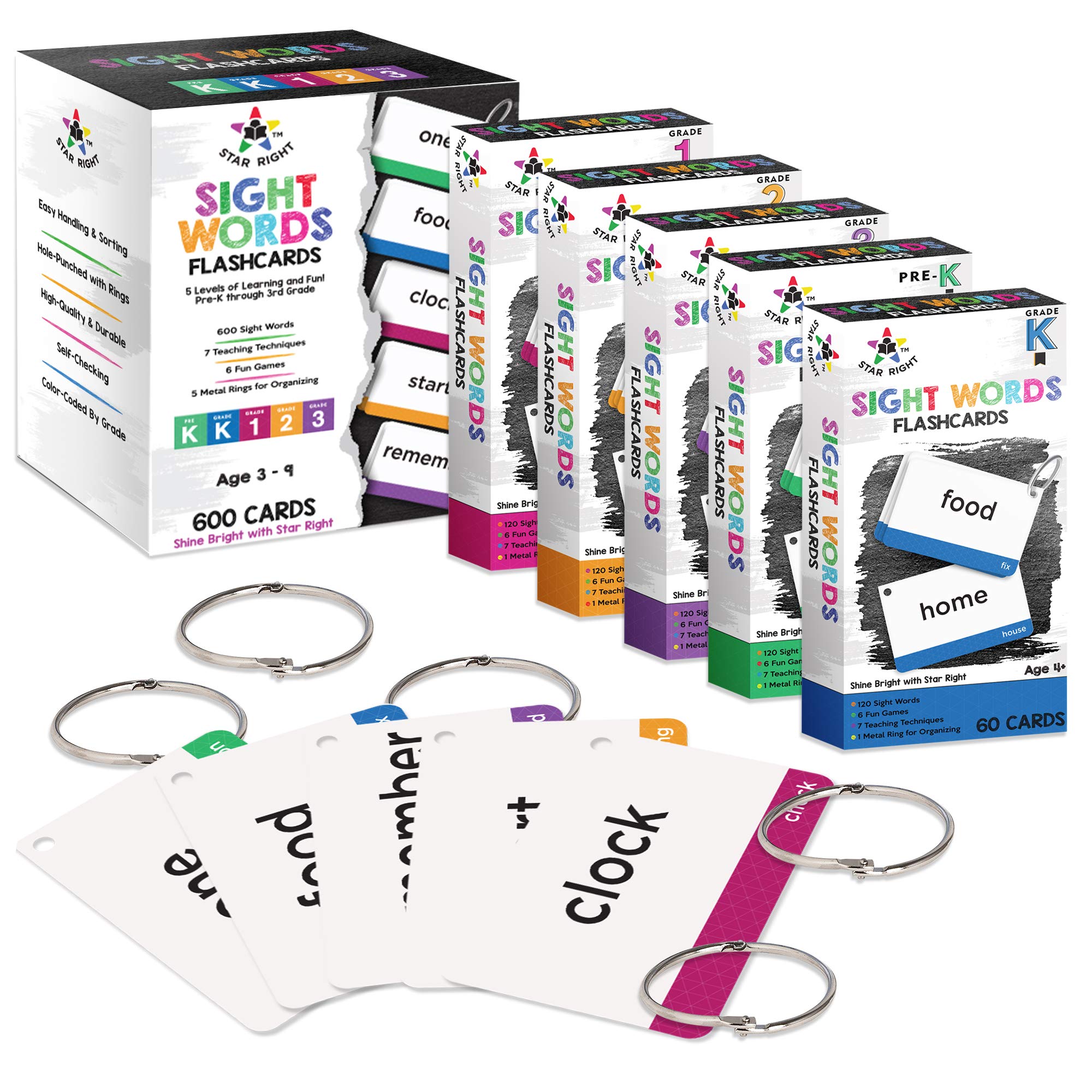 Star Right 600 Sight Word Flash Cards & Flashcard Games Set - 300 Hole Punched Flash Cards - 30 Fun Flashcard Games - 5 Binder Rings - for Ages 3 & Up - Pre-K, Kindergarten, 1st, 2nd, & 3rd Grade