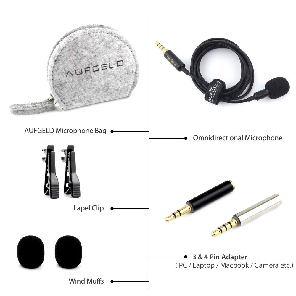 AUFGELD Professional Lavalier Lapel Omnidirectional Microphone Condenser Mic Compatible with iPhone Android Windows Cellphones Clip On Interview Video Filming Voice Podcast Noise Cancelling Vlogger