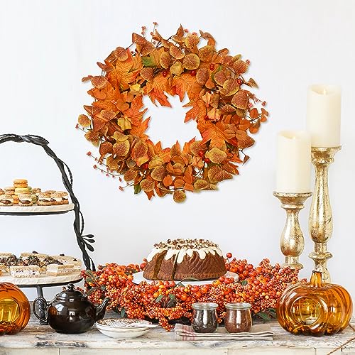 Fall Decor - Fall Wreaths for Front Door - 20 Inch Fall Door Wreath with Bowknot, Artificial Eucalyptus Wreath with Pumpkin Golden Berries Maple Leaves for Thanksgiving Farmhouse Decor