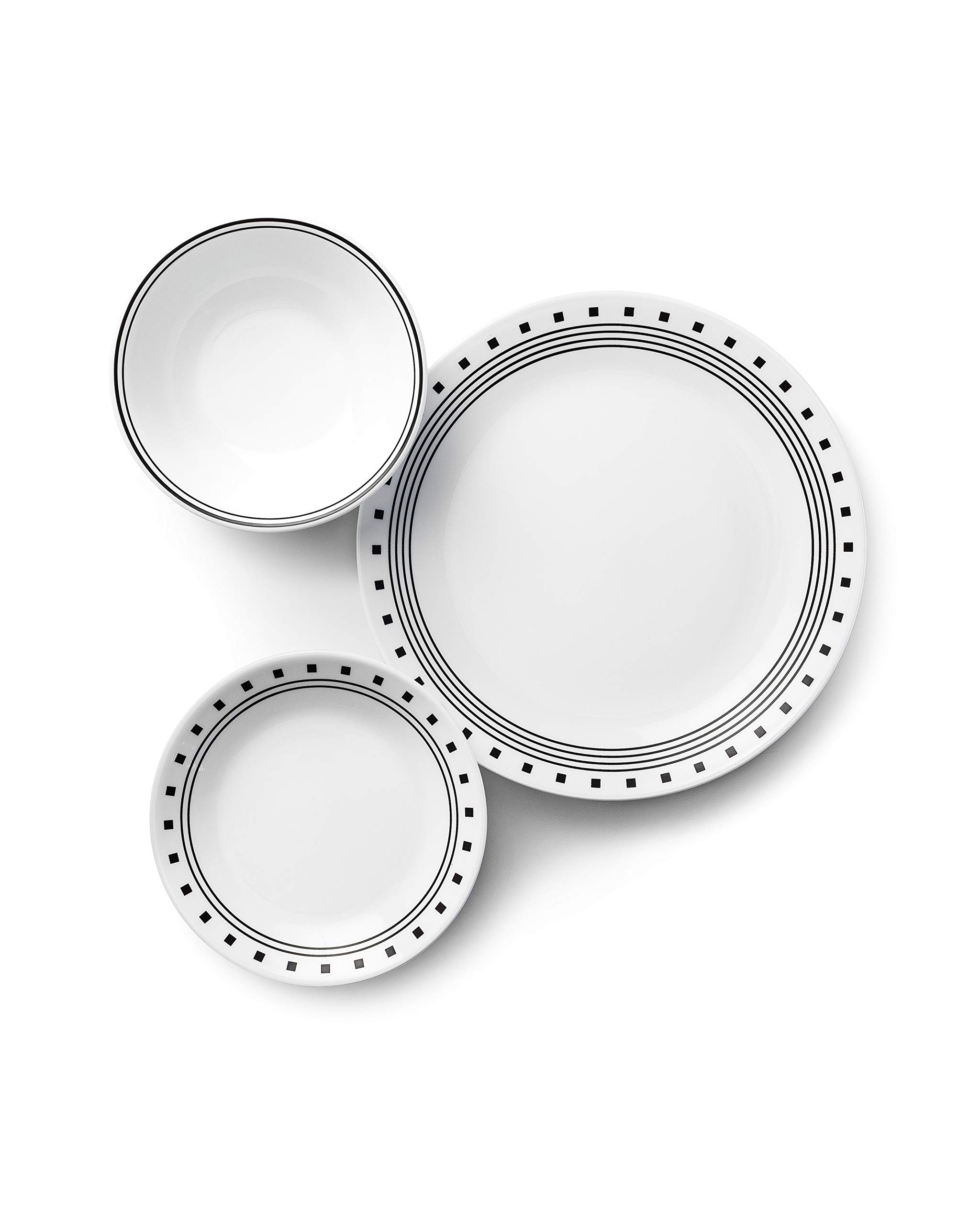 Corelle Vitrelle 18-Piece Service for 6 Dinnerware Set, Triple Layer Glass and Chip Resistant, Lightweight Round Plates and Bowls Set, City Block