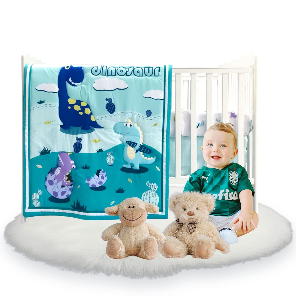 Luxanna Crib Bedding Set Dinosaur 3 Pieces Baby Boys Nursery Bedding Sets with Baby Comforter,Crib Fitted Sheet, Crib Skirt for Boys