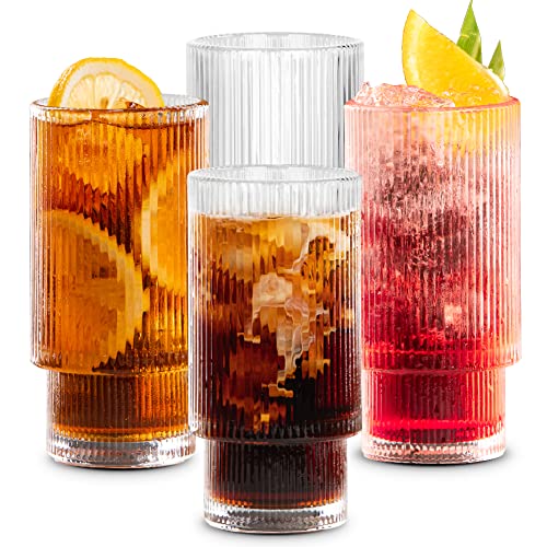 Combler Ribbed Drinking Glasses, Ribbed Glass Cups 11oz Set of 4, Ribbed Glassware for Water Whiskey Beer Cocktail Glasses, Iced Coffee Cup, Apartment Must Haves Essentials, Birthday Gifts for Women