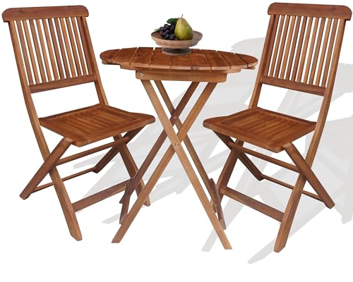 BTEXPERT BC5177 Backyard Balcony Deck Furniture 3 Piece Round Coffee Folding Table 2 Chairs Patio Wood Bistro Set, Acacia Brown