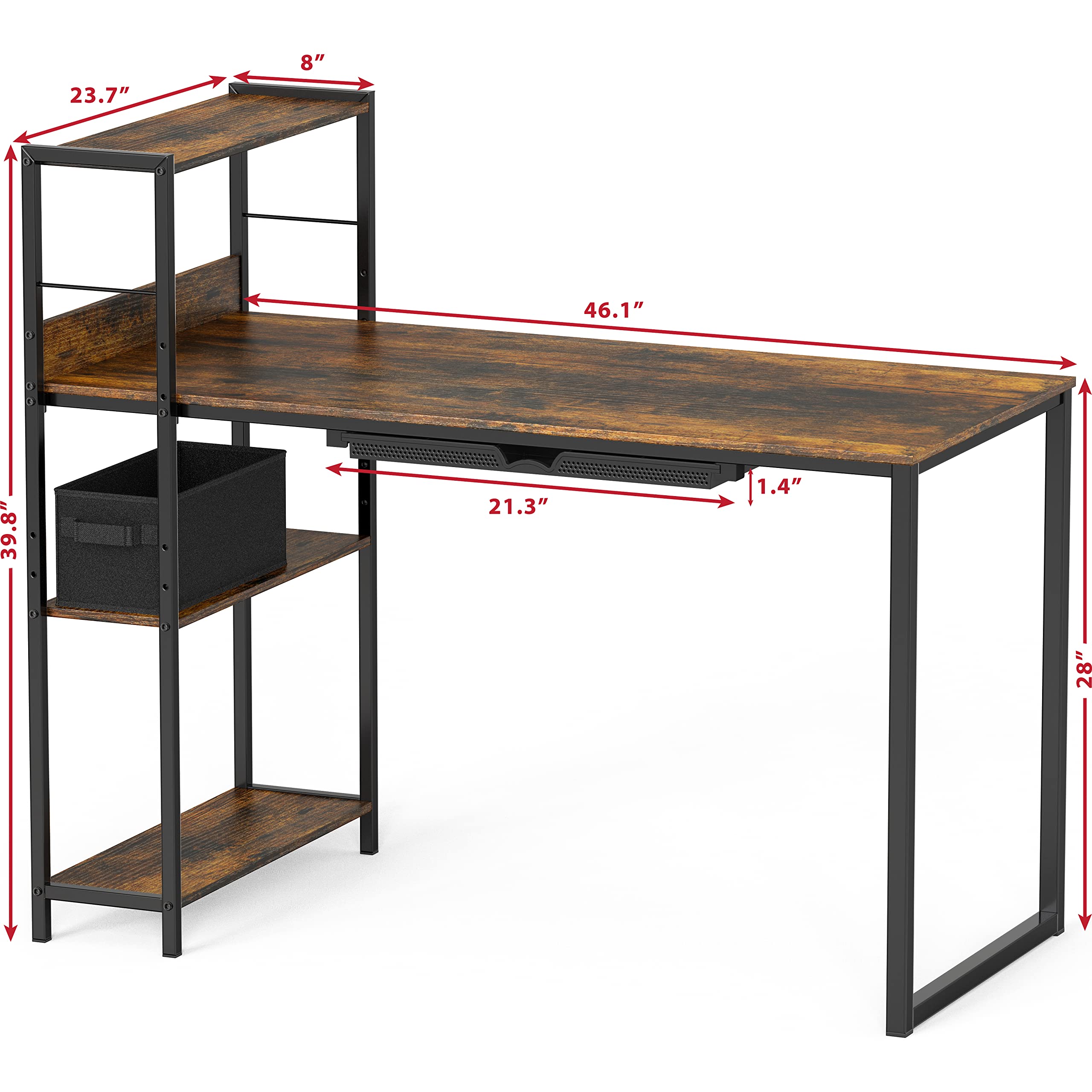 SHW 46-Inch Computer Desk with Adjustable Side Shelf and Drawer, 24" Deep, Rustic Brown