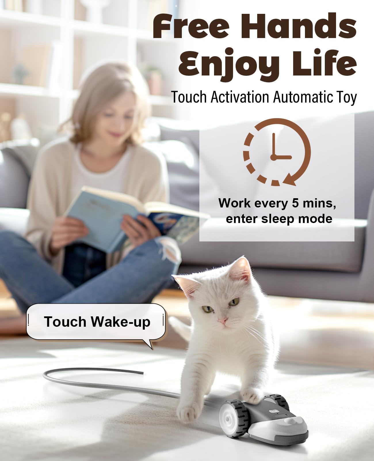 CYROS 3-in-1 Interactive Cat Toy - 2-Speed Automatic Moving Mouse Cat Toys Self Play with 2pcs Hanging Feather String Ribbon and Wiggly Silicone Mice Tail for Bored Indoor Adult Cats Kittens