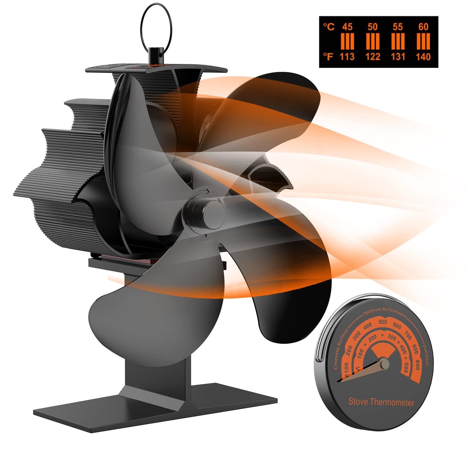 Sterktlys Wood Stove Fan, 4-Blade Heat Powered Stove Top Fan with Temperature Label, Magnetic Stove Thermometer, Efficient Heat Distribution & Silent Operation, for Fireplace, Log Burner, Pellet Stove
