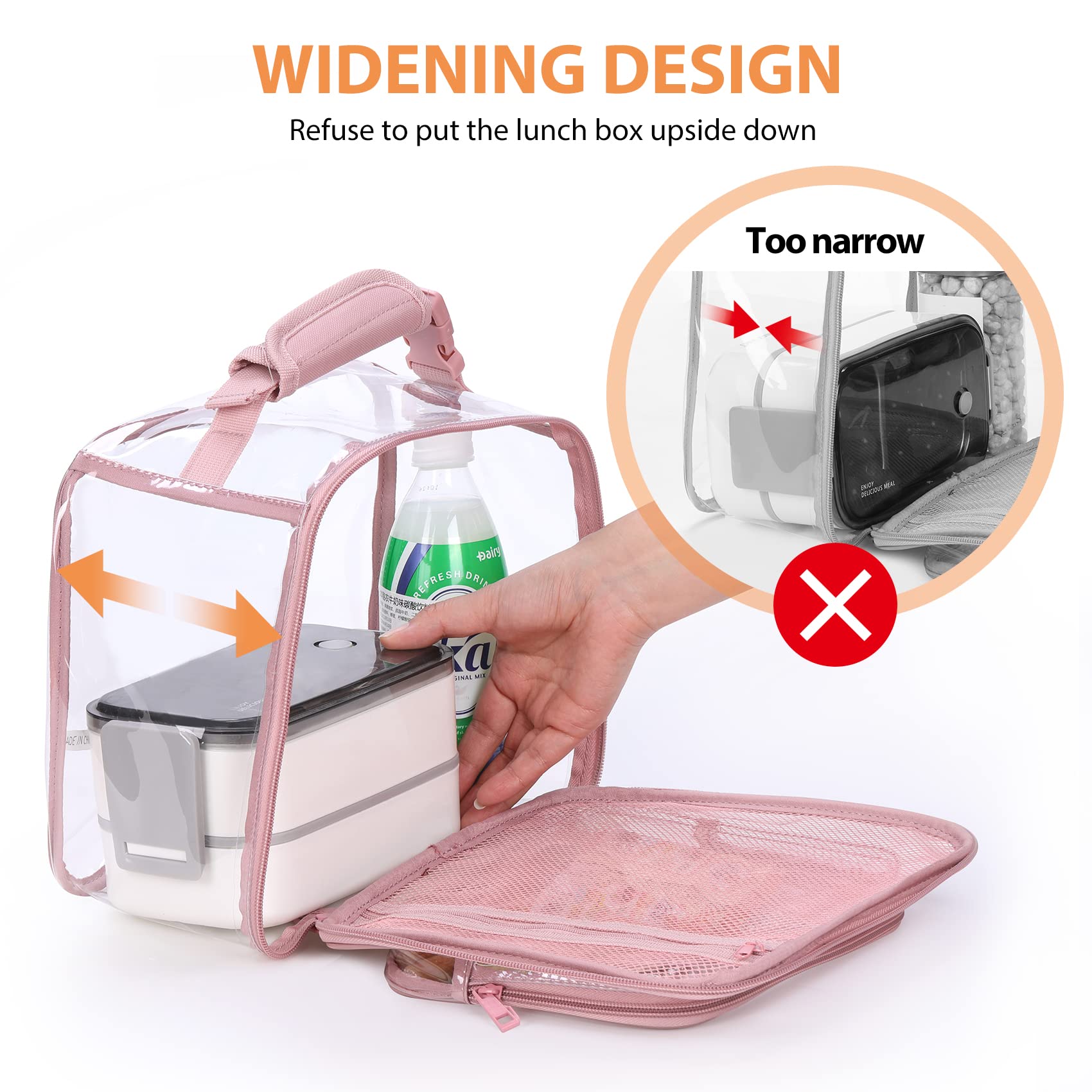 BORMELUN ® Large Pink Clear Lunch Bags for Girls,See Through Plastic Lunch Box,Tote Handle for Women,Office,School Picnic(11x9x6 inches)