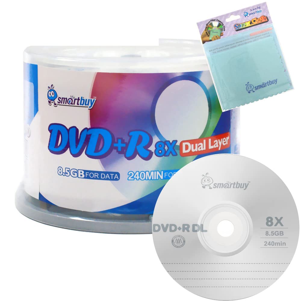 Smartbuy 50-disc 8.5GB/240min 8X DVD+R DL Logo Top Blank Media Record Disc + Free Micro Fiber Cloth