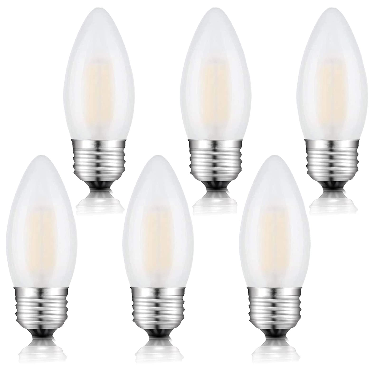 Beonllay B11 LED Filament Frosted Chandelier Light Bulb 25W Equivalent Torpedo Tip E26 Candelabra Base 2W Dimmable 2700K Soft White Decorative Candle Light Bulb, 6 Pack