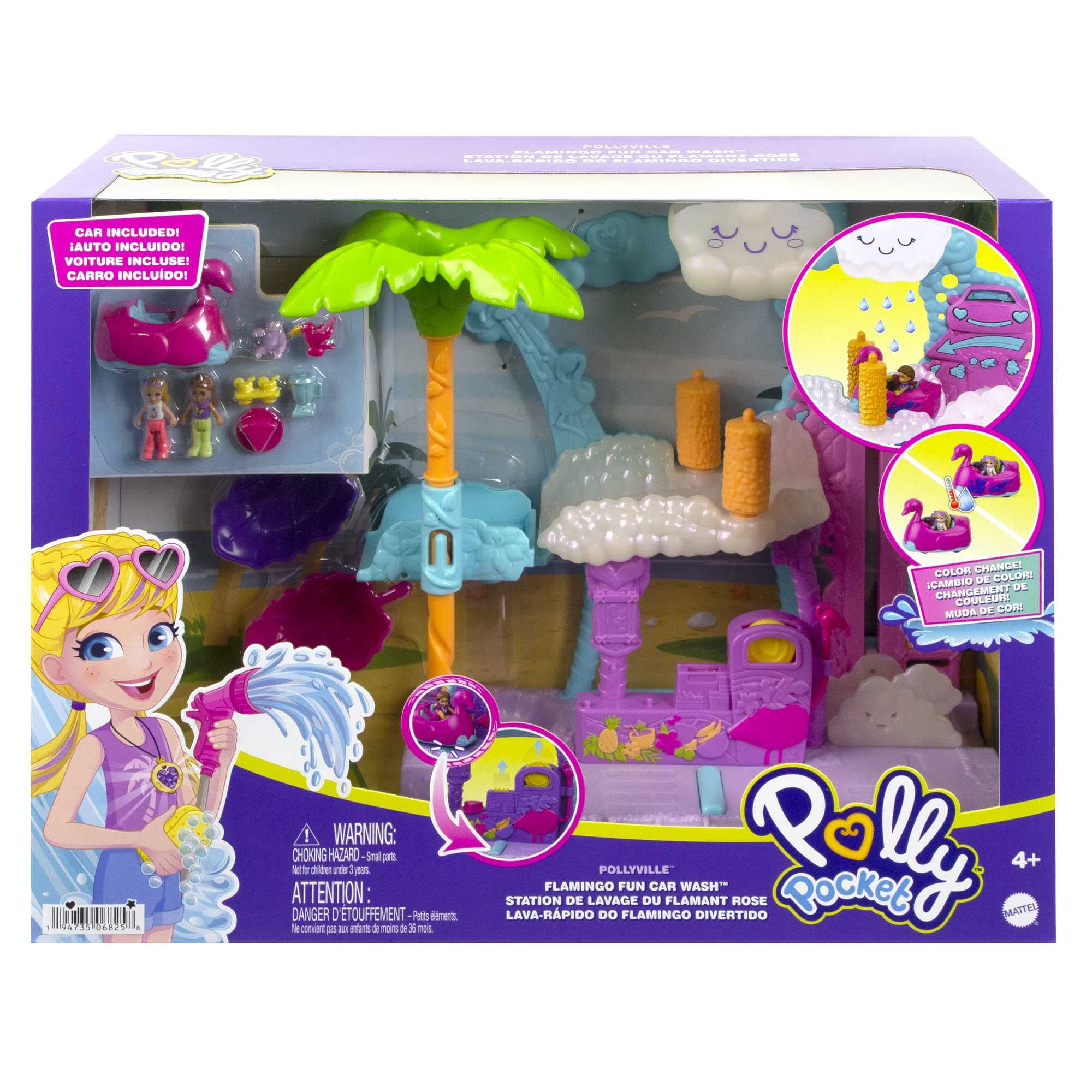 Polly Pocket Playset, Pollyville Flamingo Fun Car Wash with 2 Micro Dolls, Toy Car, Water Play & Color-Change Accessories