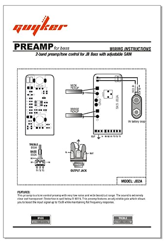 Guyker 2-Band Preamp/Tone Control with Adjustable Gain for JB Bass (with Jazz Bass Control Plate, Dome Control Knobs and Stacked Knob)