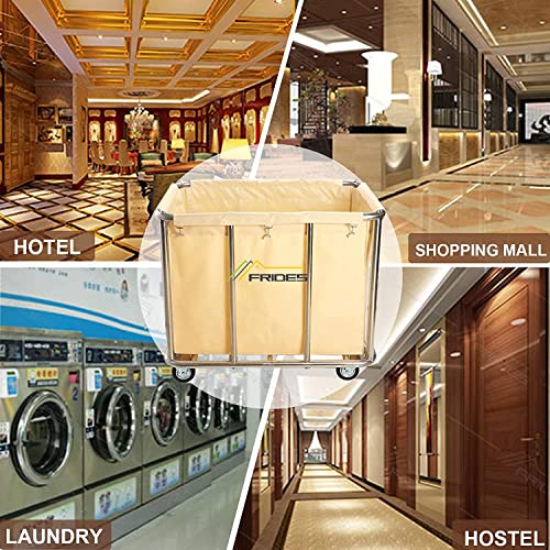 Commercial Laundry Cart on Wheels, 11.35 Bushels Large Laundry Roller with Removable Waterproof Canvas Lined Basket, Heavy Duty Stainless Steel Laundry Basket for Hotels and Hospitals