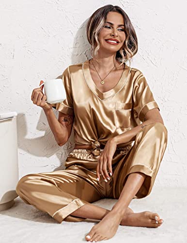 Ekouaer Womens Short Sleeve Satin Silk Pajama Set 2 Pieces Loungewear Sleepwear Long Pajama Pant Set Champagne