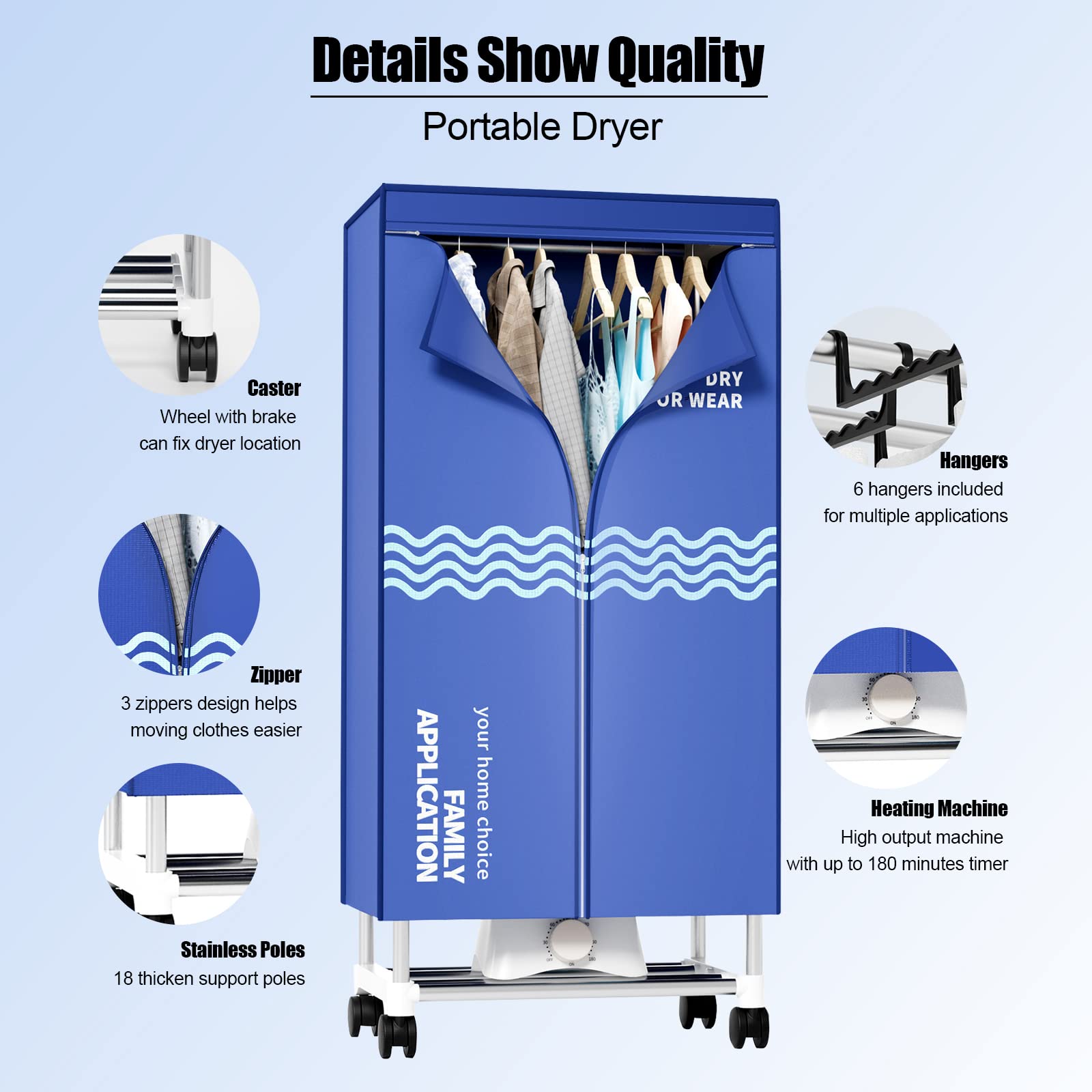 Clothes Dryer, Portable Drying Machine with Timer, 60inch Laundry Drying Wardrobe with Large Capacity, Electric Dryer/Rack for Home | Appartments (Blue SF1)