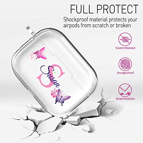 Custom Name & Initial Crystal Clear Airpods Case for Apple AirPod Pro and 3rd Generation,Thin Shockproof Protective Customized Transparent Case(Purple Butterfly)