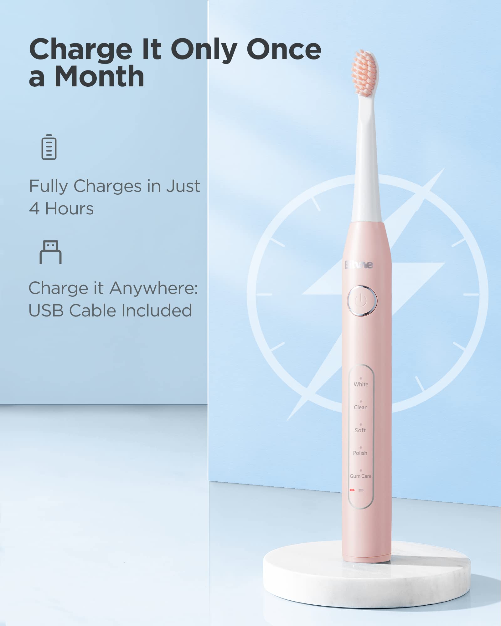 Bitvae Sonic Electric Toothbrush Electronic Toothbrush for Adults with 8 &4 Brush Heads, Travel Rechargeable Power Toothrush for 30 Days Using, Ultrasonic Toothbrush with 5 Modes and Timer (Pink)