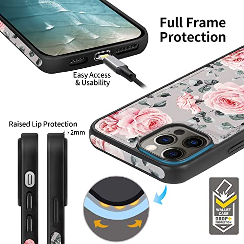 HOGGU iPhone 13 Pro Wallet Case - Magnetic Detachable iPhone 13 Pro Case Wallet with RFID Blocking Card Holder, Hand Strap, Floral Flower PU Leather Flip Cover Case for Women Girls(Gray)