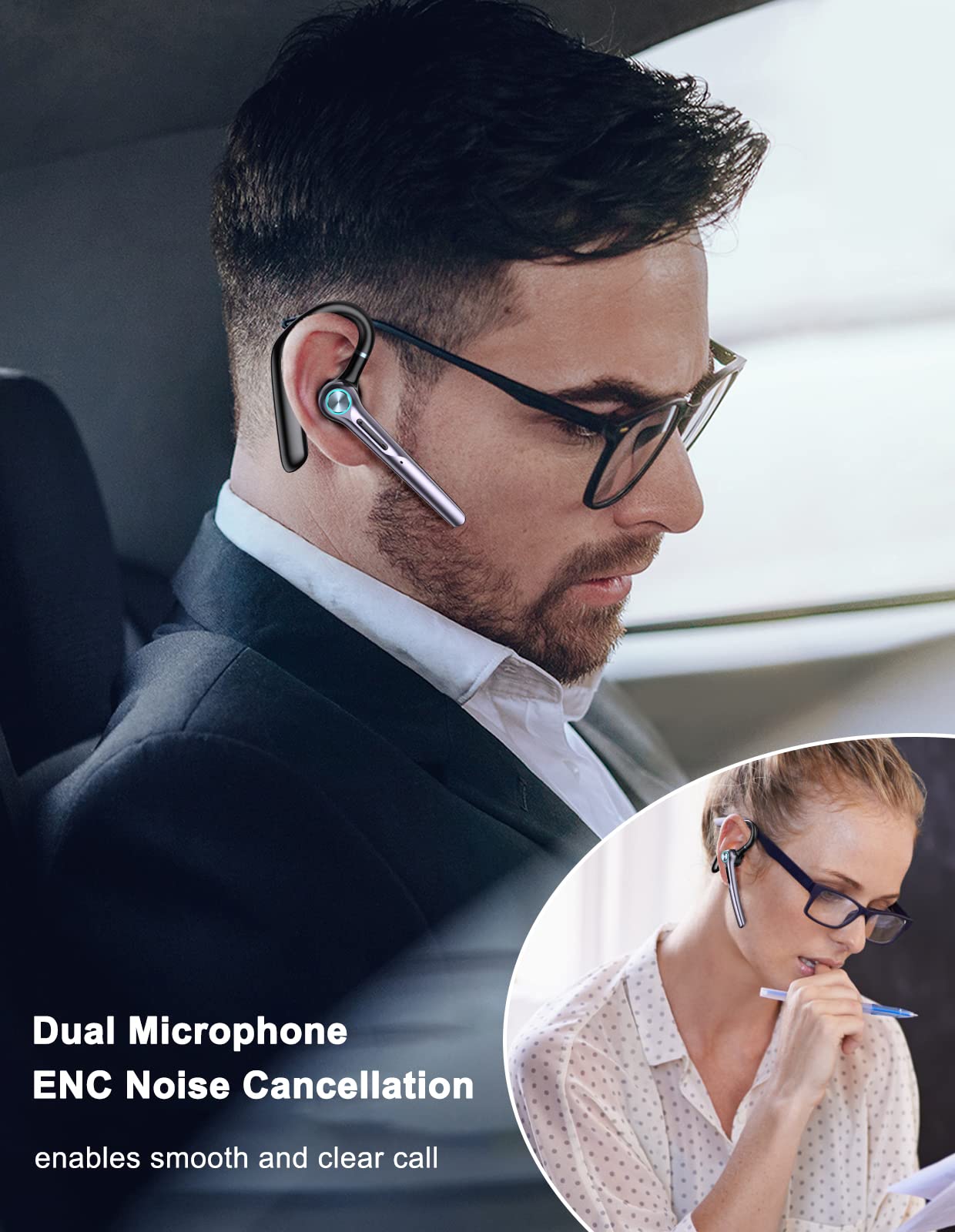 Bluetooth Headset, Wireless Bluetooth Earpiece with Dual MIC, Trucker Bluetooth Headset 50Hrs Playtime Built-in Noise Cancelling Mic, Wireless in-Ear Headphones for Driving, Office, Business