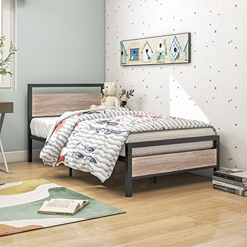 HOJINLINERO Twin Bed Frames with Wood Headboard,Metal Twin Platform Bed Frame No Box Spring Needed,Heavy Duty Steel Slats,No Noise,Natural Oak