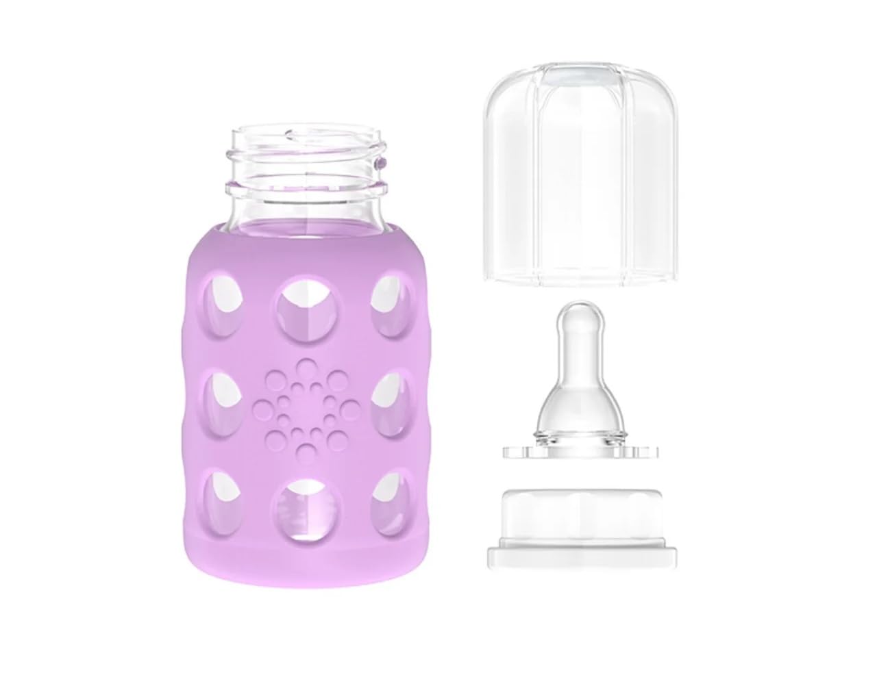 Lifefactory Glass Baby Bottles with Silicone Protection - 4-Pack, 4 oz Each Bottle (2- Lavender, 1- Mint & 1- Cantaloupe)