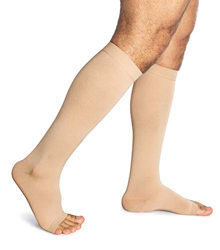 Amazon Brand - Solimo Open Toe Compression Socks for Men & Women, Knee High, Sheer, Beige, 15-20mmHg, X-Large, 1 Pair