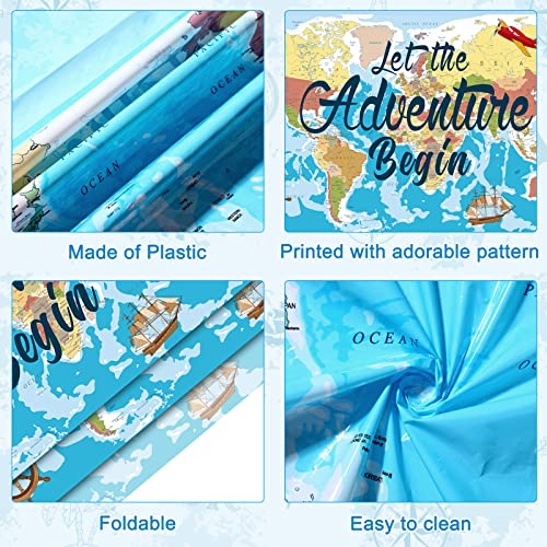 Frienda 3 Pcs Adventure Awaits Tablecloth Bon Voyage World Map Tablecloth Plastic Adventure Disposable Table Cover for Travel Retirement Wedding Graduation, 108 x 54 Inches, Blue