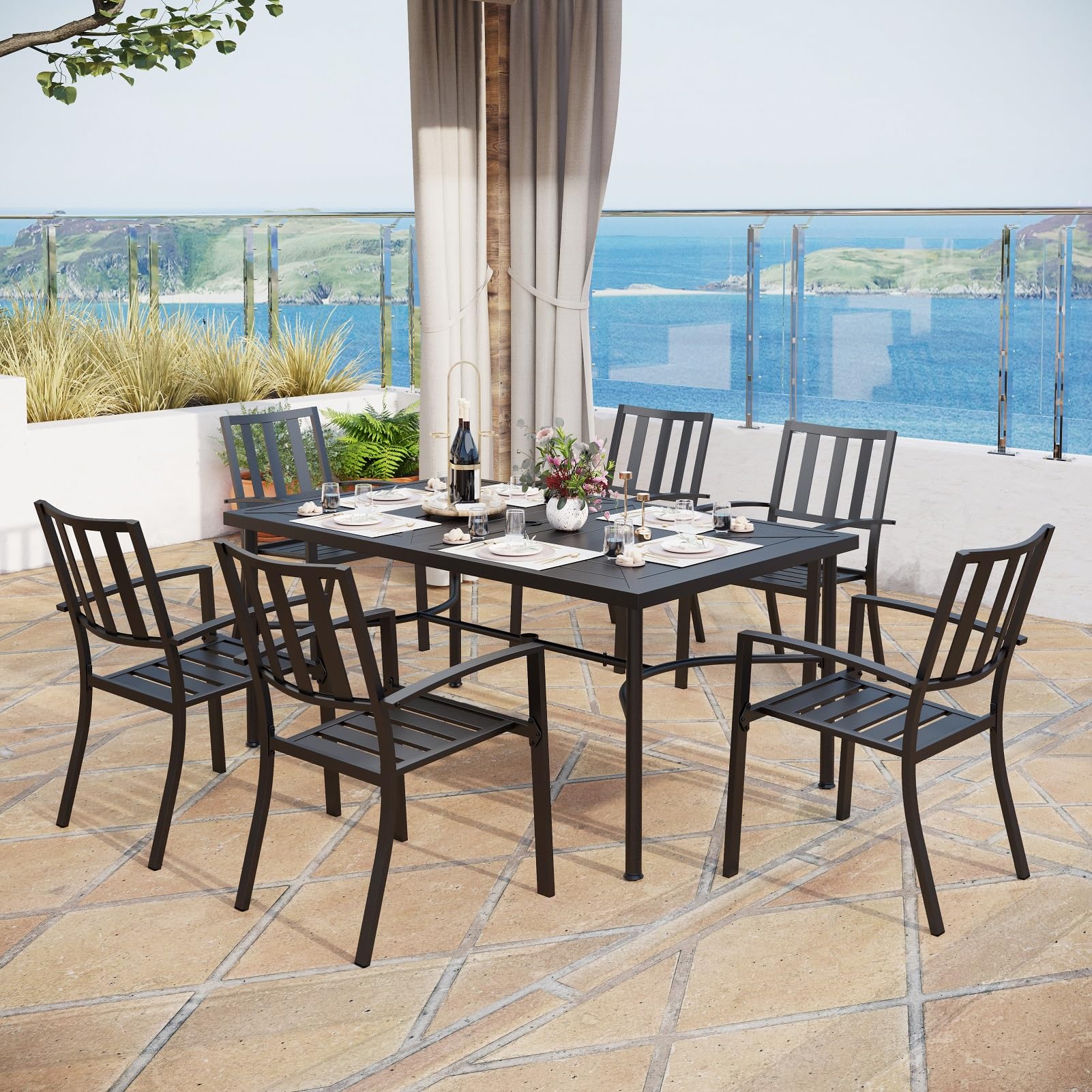 MFSTUDIO 7-Piece Metal Patio Dining Sets with 6 Steel Striped Armrest Chairs and 64" Rectangular Outdoor Dining Table,1.7" Umbrella Hole (Black)
