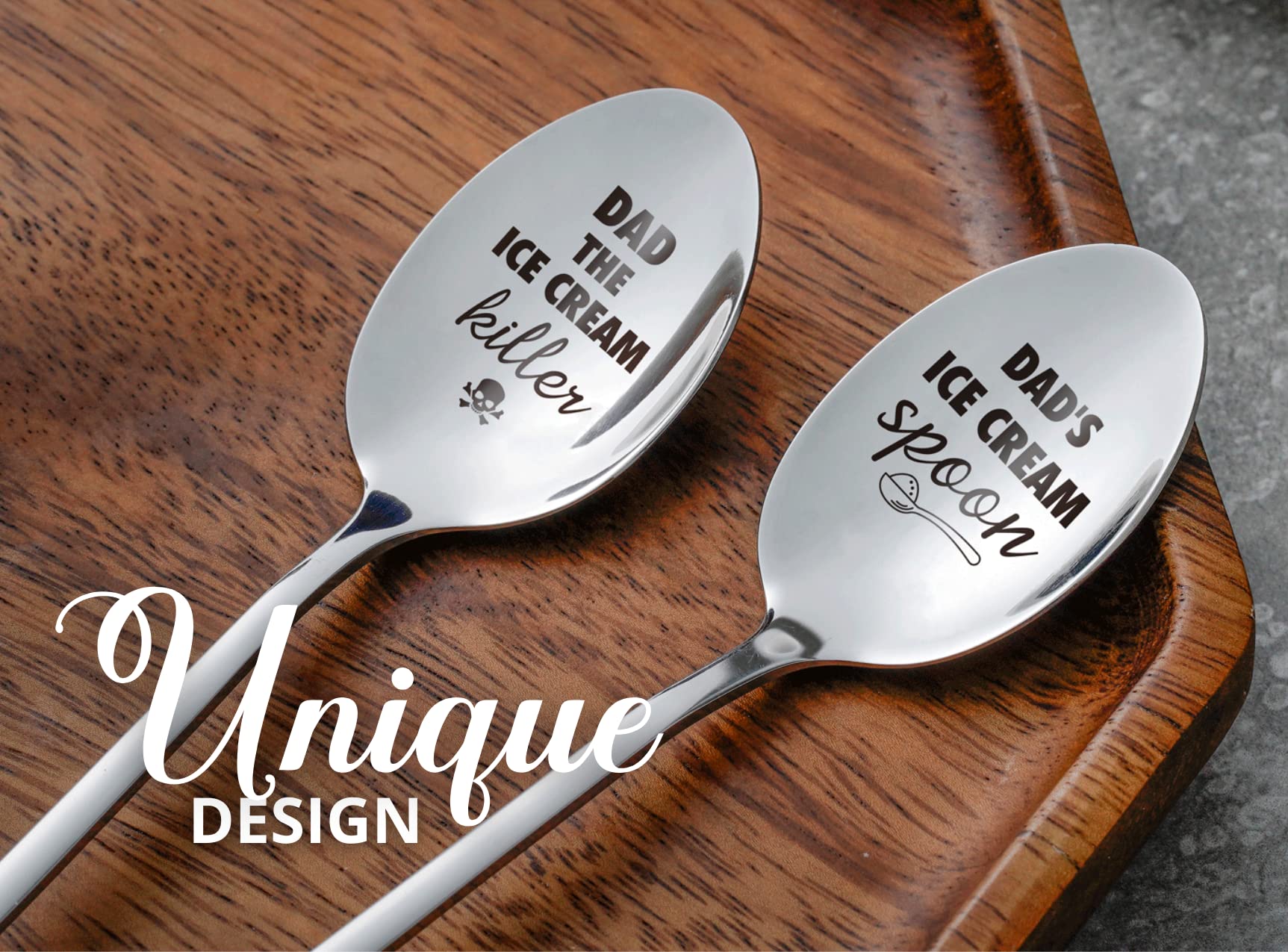 Dads Ice Cream Spoon, 2 Pcs Stainless Steel Coffee Spoons Set, Gifts for Dad on Birthday/Christmas/Thanksgiving, Gift Ready Package, DAD THE ICE CREAM KILLER