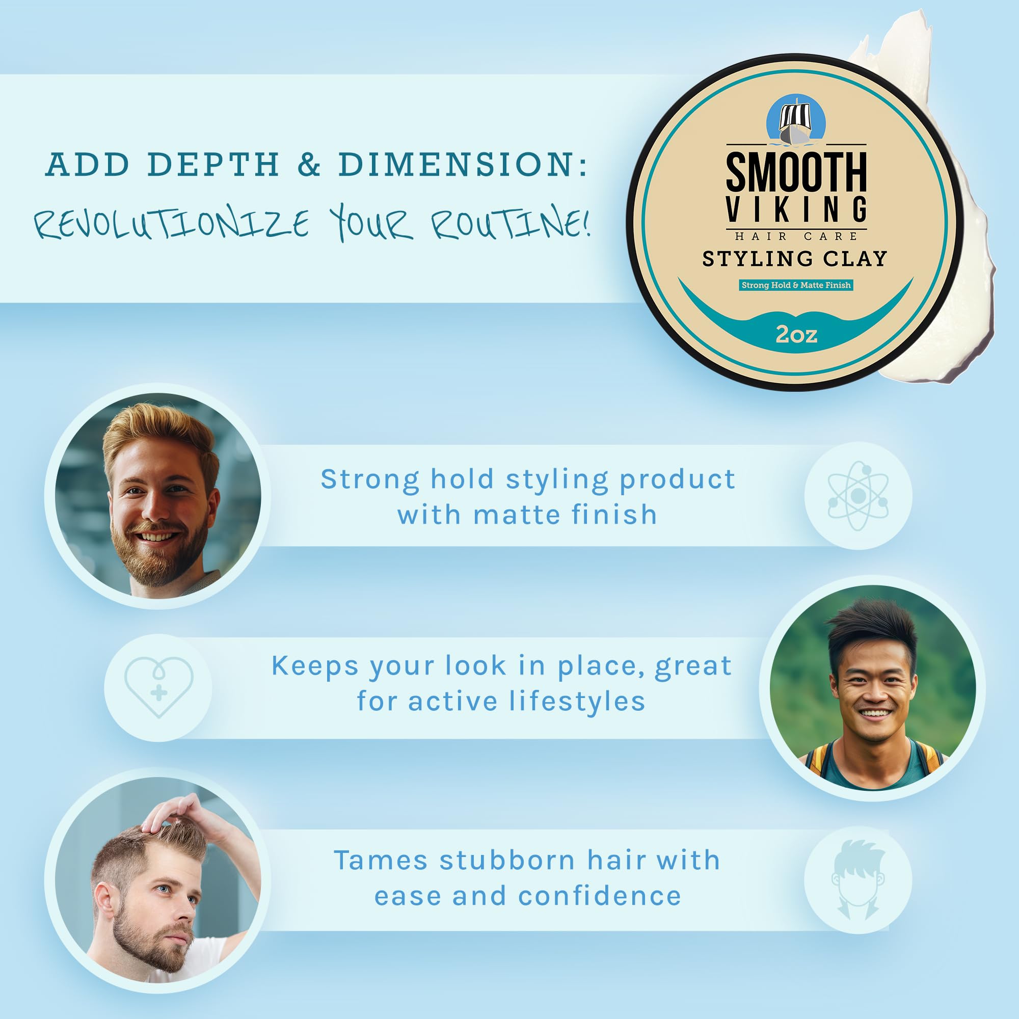 Smooth Viking Hair Clay for Men - Strong Hold, Clay Pomade, Hair Paste, Styling Clay with Matte Finish, Made in USA, 2oz