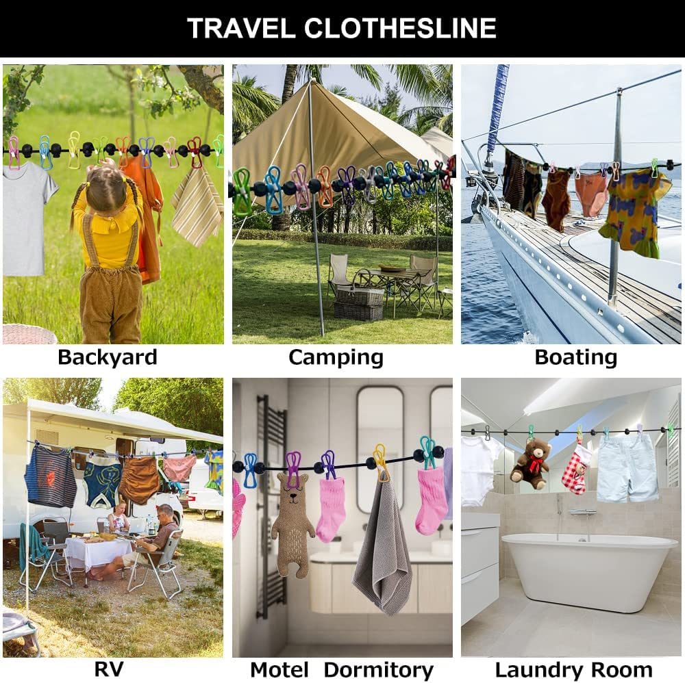 Clothesline,Retractable Portable Clothesline for Travel,Clothing line with 12 Clothes Clips,for Indoor and Outdoor Laundry Drying line,Outdoor Camping Accessories