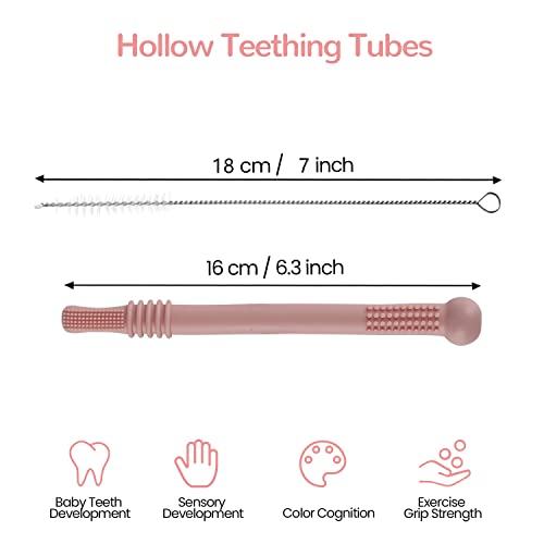 Fu Store Hollow Teether Tube, 6 Pack Chew Straw Toy for Infant Toddlers Silicone Tubes Teething Toys for Babies 3-12 Months BPA Free/Freezable/Dishwasher and Refrigerator Safe