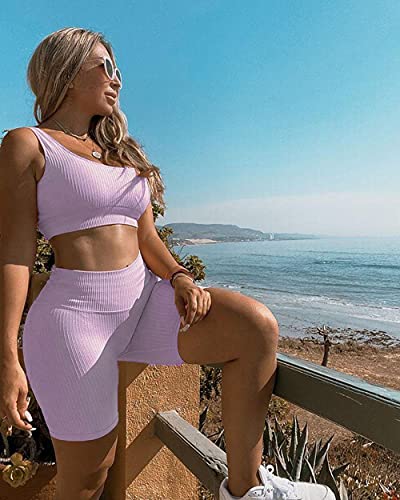 Beaufident Women Workout Set Athletic Tracksuits Yoga Running Biker Short with Paded Sports Bra Taffy Purple