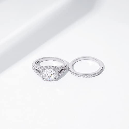 Amazon Collection Sterling Silver Platinum Plated Infinite Elements Cubic Zirconia Cushion Halo Ring, Size 7