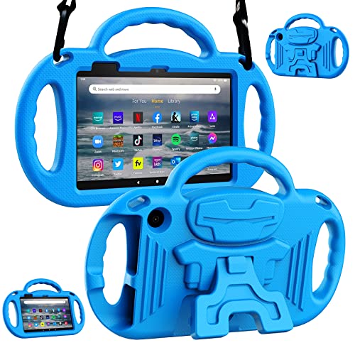 LTROP All-New Fire 7 Tablet Case (12th Generation, 2022 Release), Fire 7 Tablet Case for Kids, with Shoulder Strap, Shockproof Child-Proof Bumper Cover Case for Fire 7 2022 Tablet (7” Display), Blue