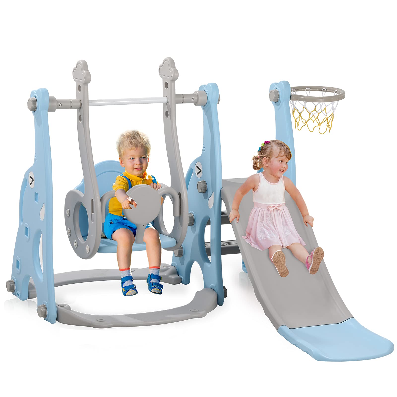 LANGYI Children's Four in One Slide Swing,with Basketball Frame and Ball Extra Long Slide,Children's That Can Be Installed at Will Indoor Outdoor Garden (Blue)