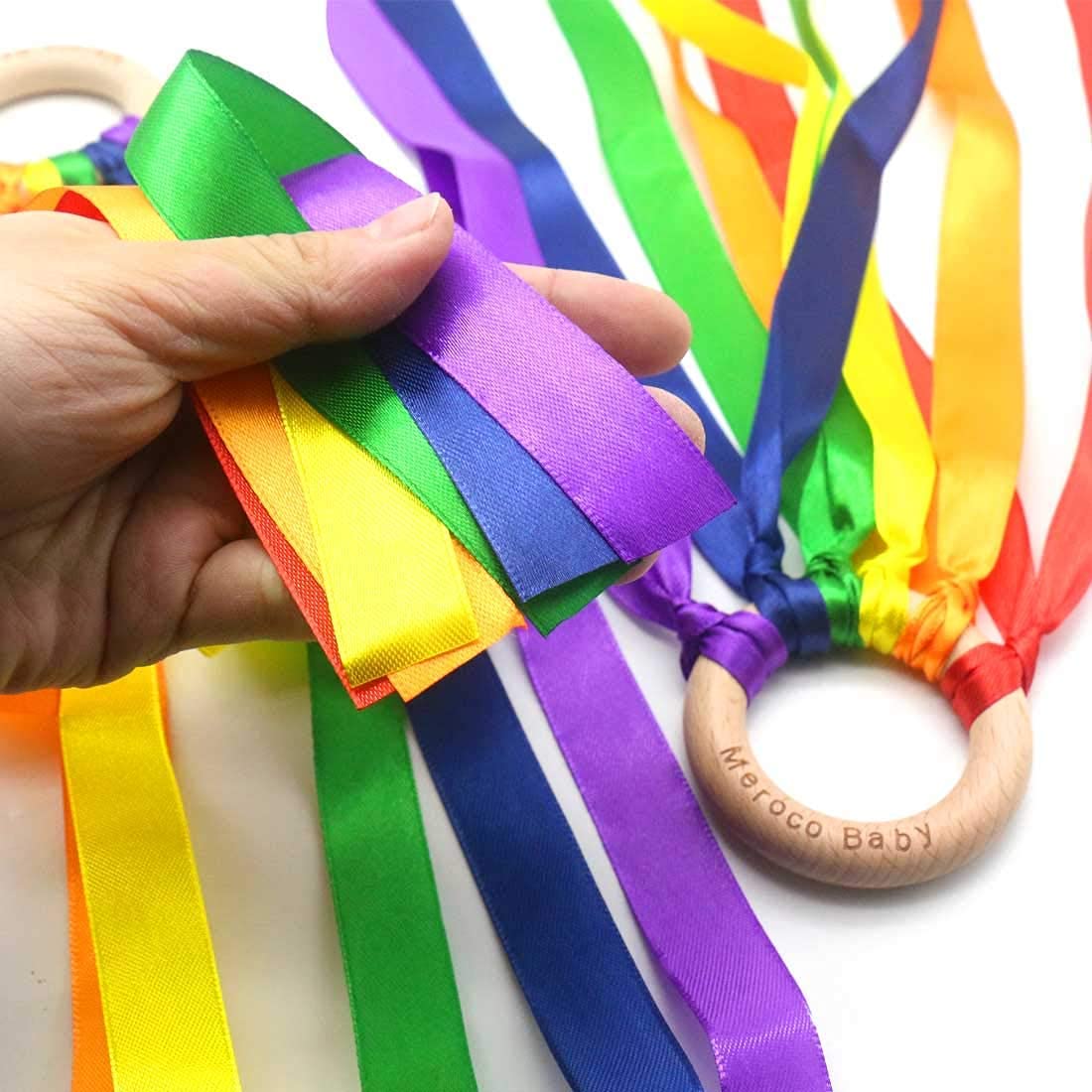 MEROCO Rainbow Dancing Ribbon Streamers with Wood Ring Educational Toy for Playroom Dancing Party Toddler Birthday