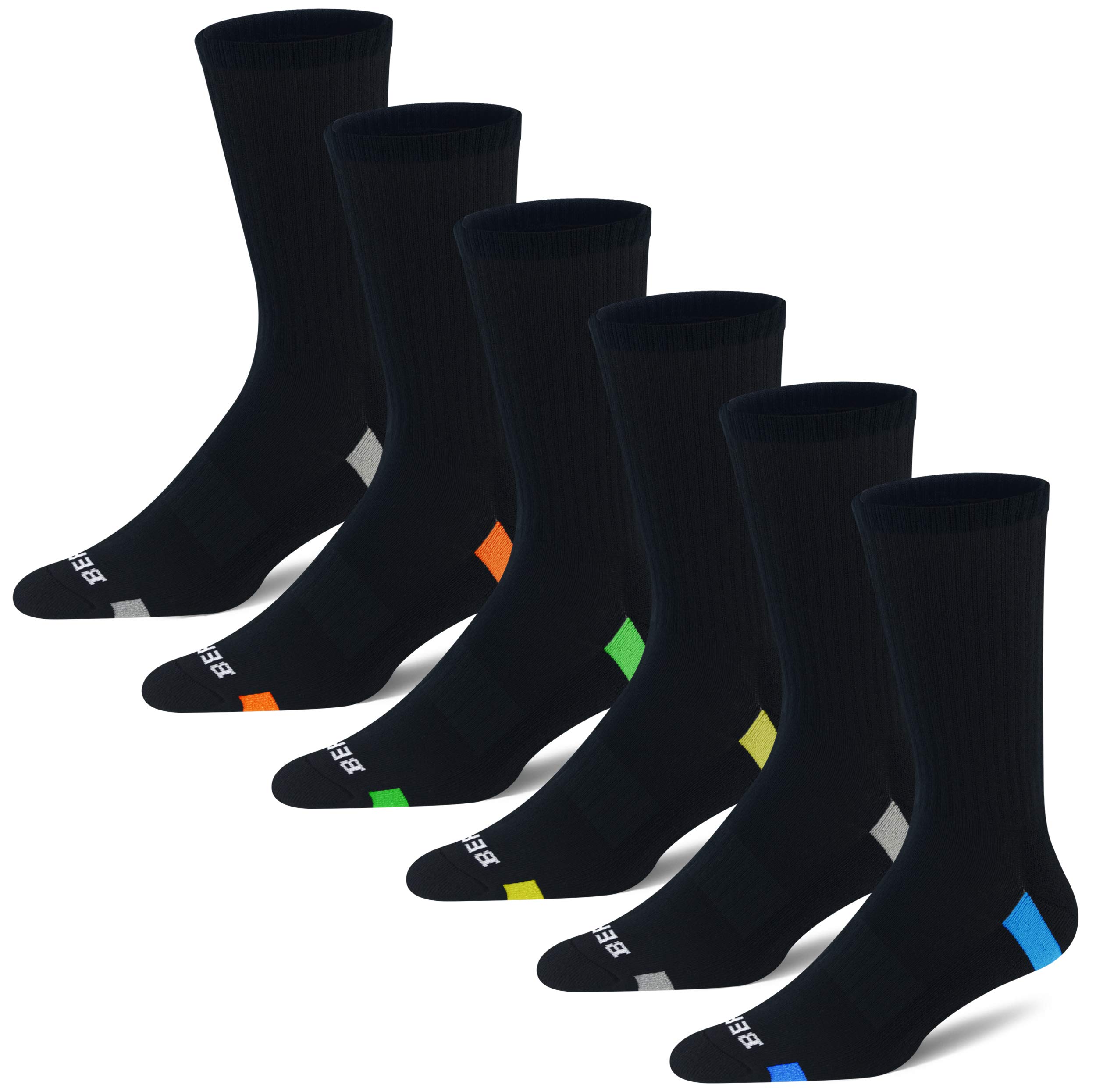 BERING Men's Athletic Cushioned Crew Socks, Size 9-12, White, 6 Pairs