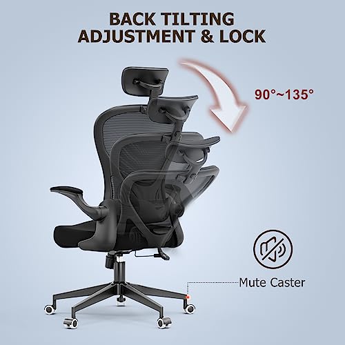 Frylr Ergonomic Home Office Desk Chair with Flip-up Arms and Headrest - Perfect for Big and Tall Users/Adjustable Lumbar Support/450 lbs Heavy Duty Office Chair(Black)
